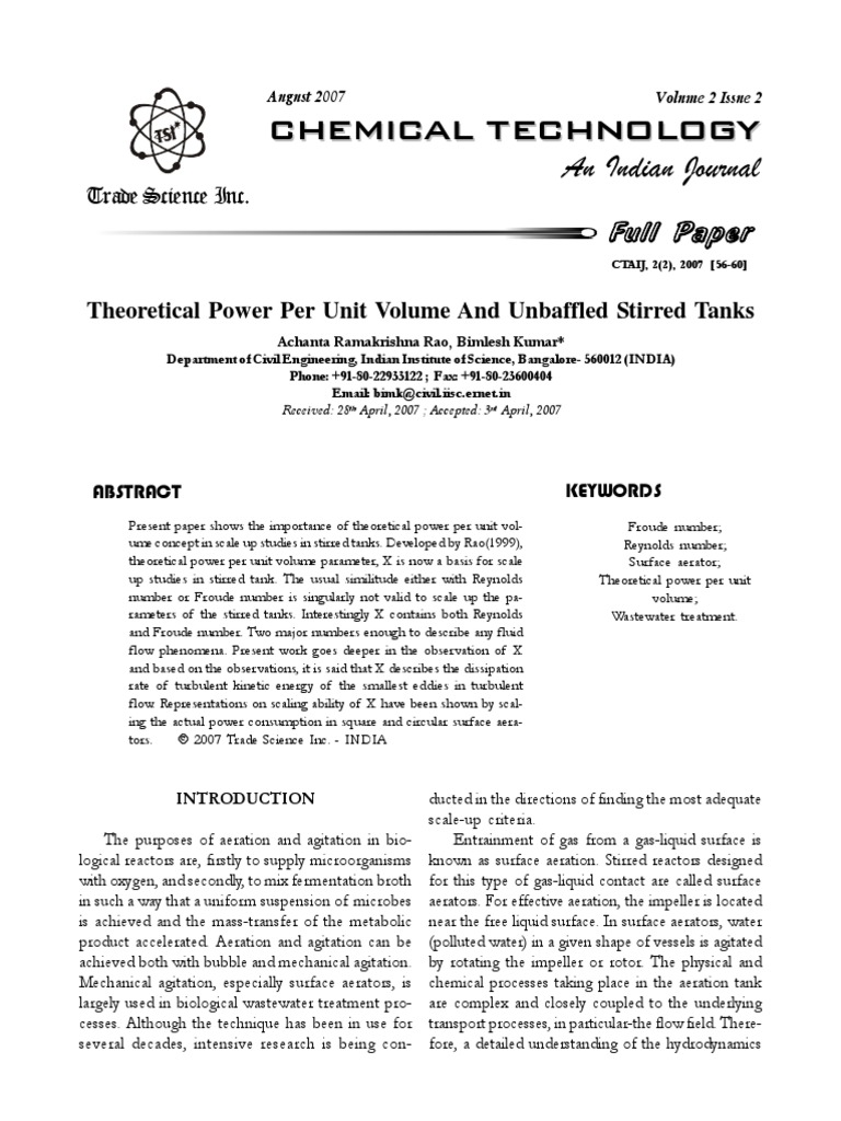 Theoretical Power Per Unit Volume and Unbaffled Stirred Tanks | PDF ...