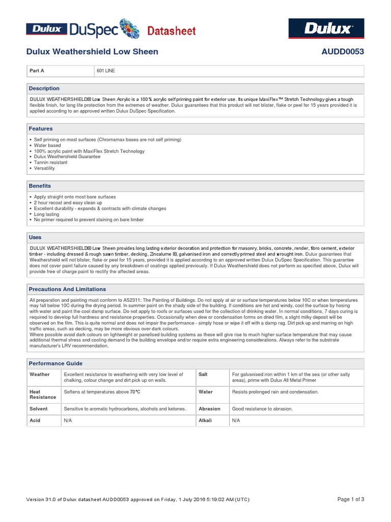 Dulux Weathershield Low Sheen Datasheet | PDF | Paint | Chemistry