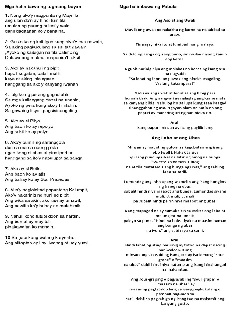 Mga Halimbawa NG Tugmang Bayan 1 | PDF