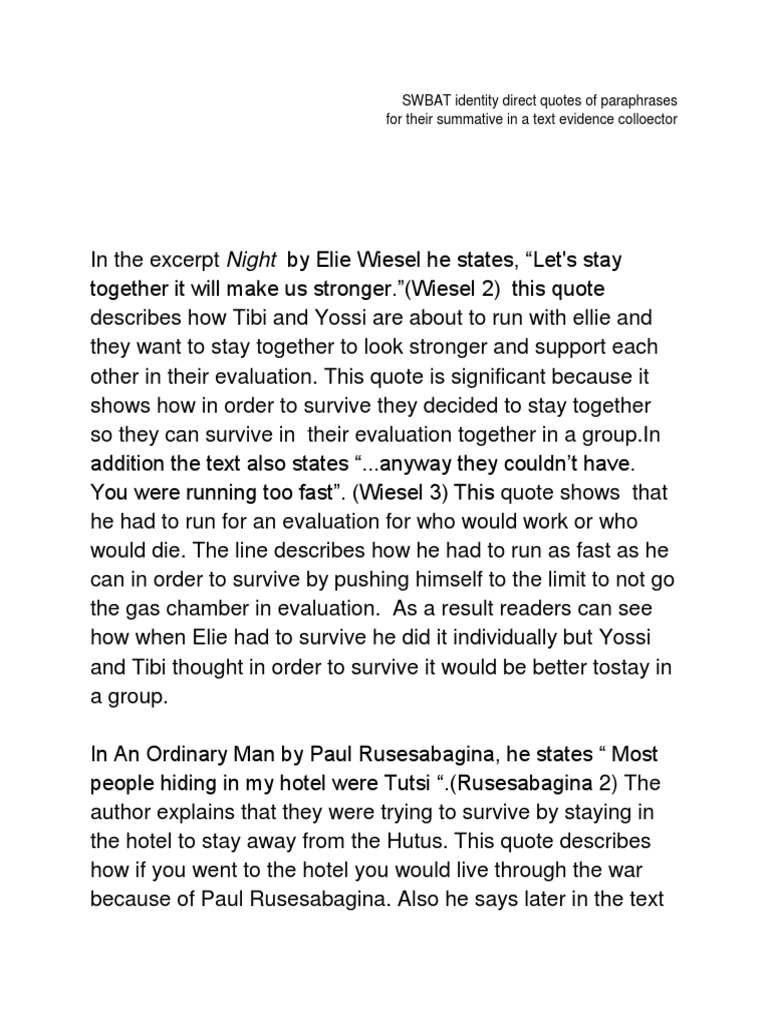 SWBAT Identity Direct Quotes of Paraphrases For Their Summative in A ...