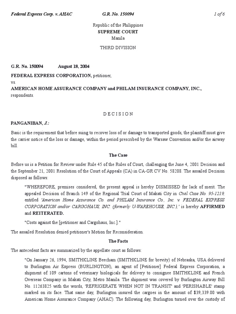 29-Federal Express Corporation vs. American Home Assurance Company, Et ... 29-Federal Express Corporation vs. American Home Assurance Company, Et ...