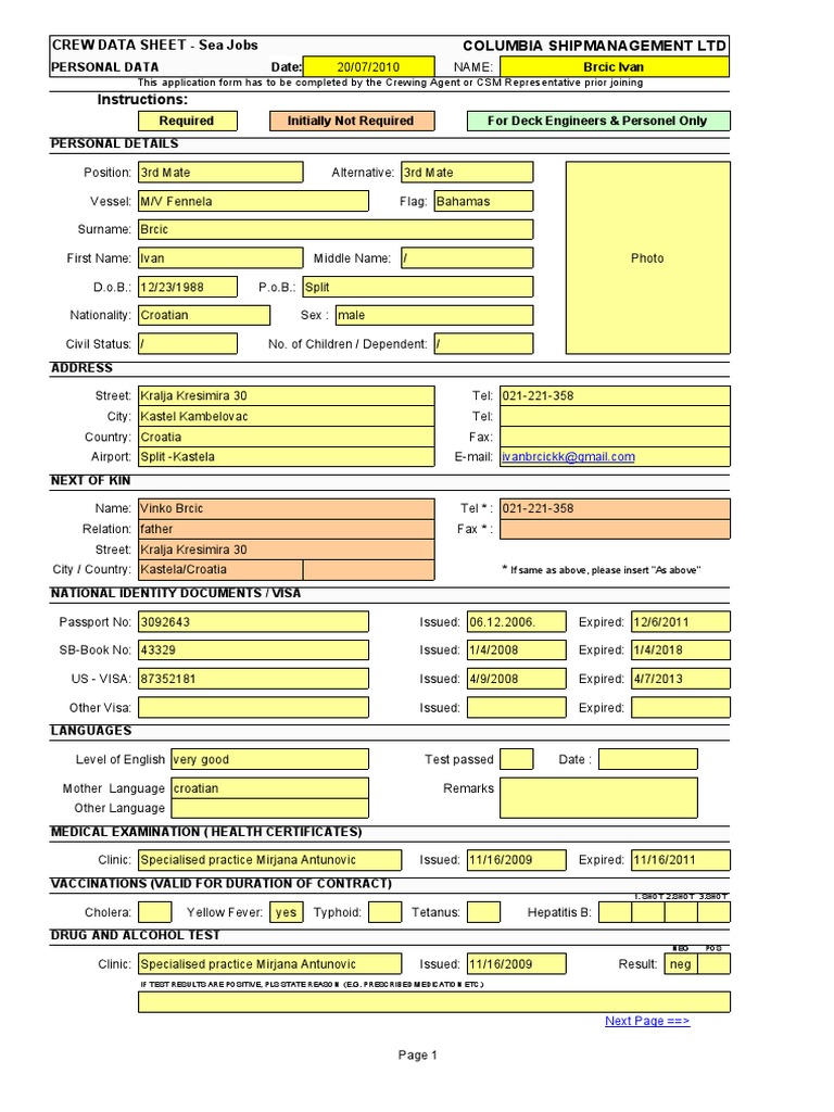 Columbia Shipmanagement LTD: Crew Data Sheet - Sea Jobs | PDF | Oil ...
