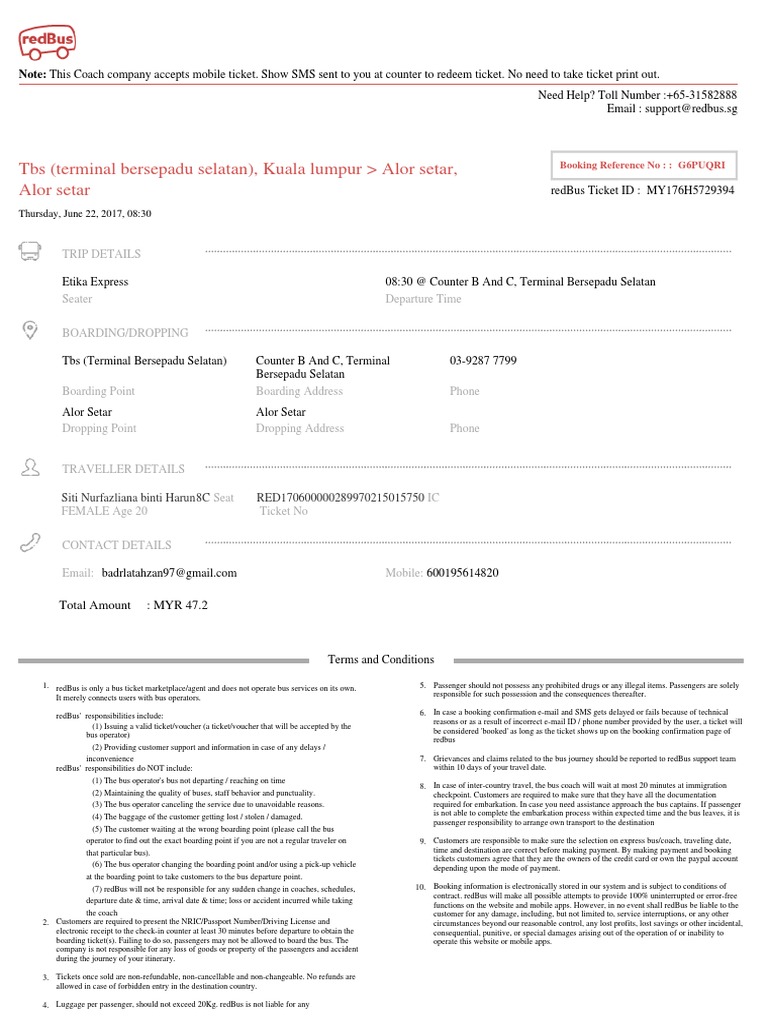 RedBus Ticket MY176H5729394 | Download Free PDF | Bus | Ticket (Admission)