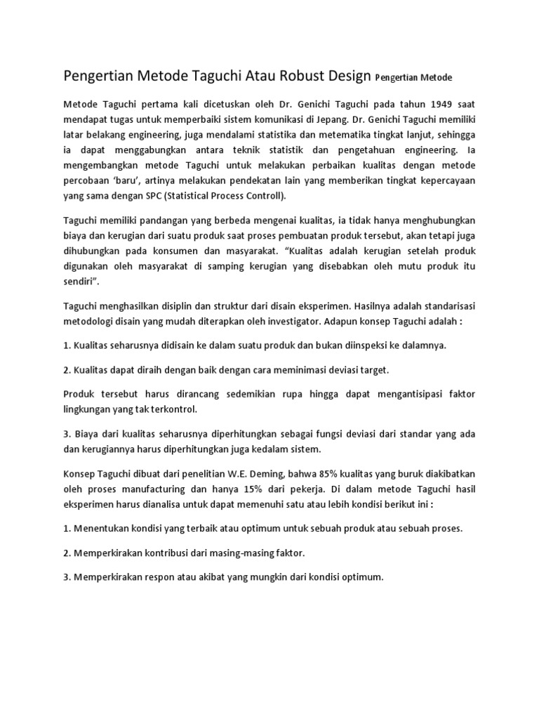 Metode Taguchi Atau Robust Design Pengertian Metode | PDF