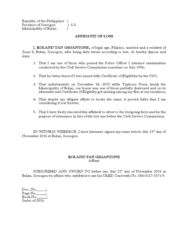 Affidavit of Loss CSC Eligibility | PDF