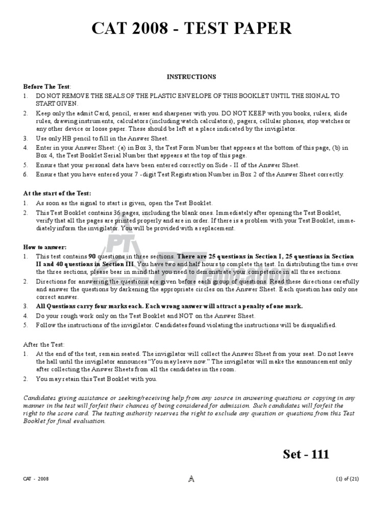 CAT 2008 Test Instructions and Format | PDF | Tournament | Investing
