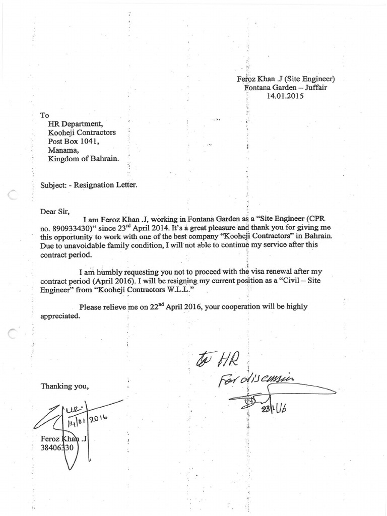 Resignation Letter Format For Civil Engineer