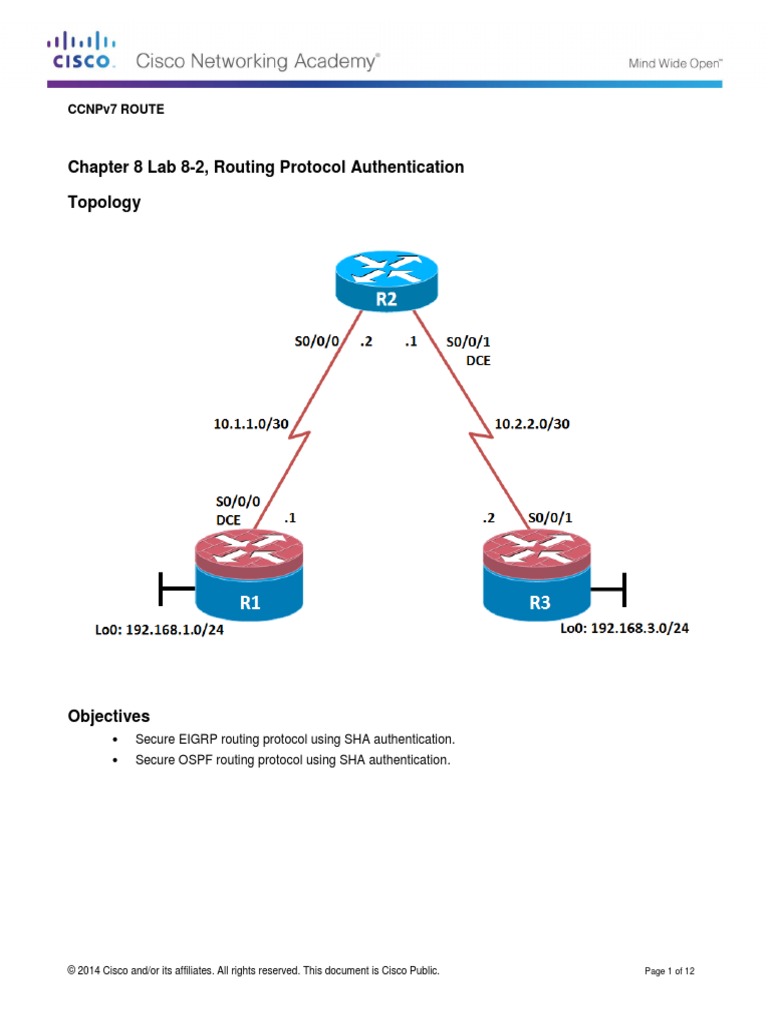 Chapter 8 Lab 8-2, Routing Protocol Authentication Topology: Ccnpv7 Route | PDF | Routing | Ip ...
