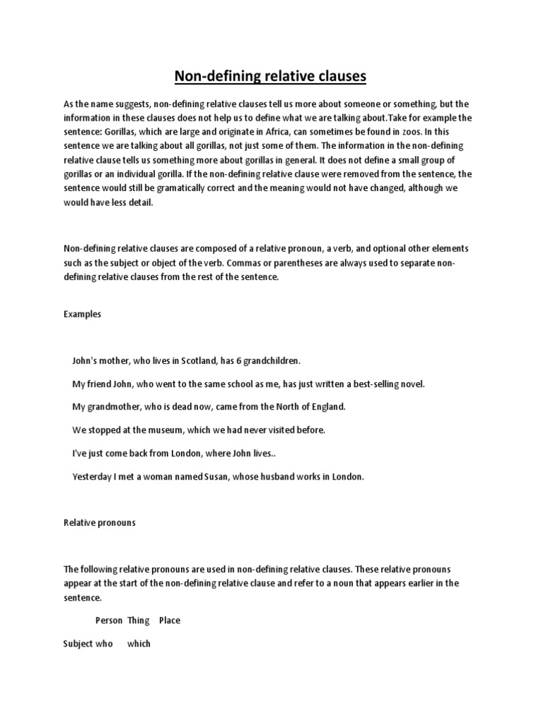 Defining and Non-Defining Relative Clauses | PDF | Pronoun | English ...