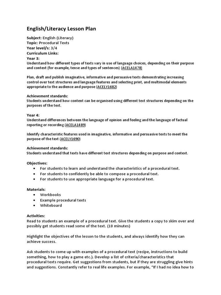 Procedural Text Lesson 1 | PDF | Lesson Plan | Teaching