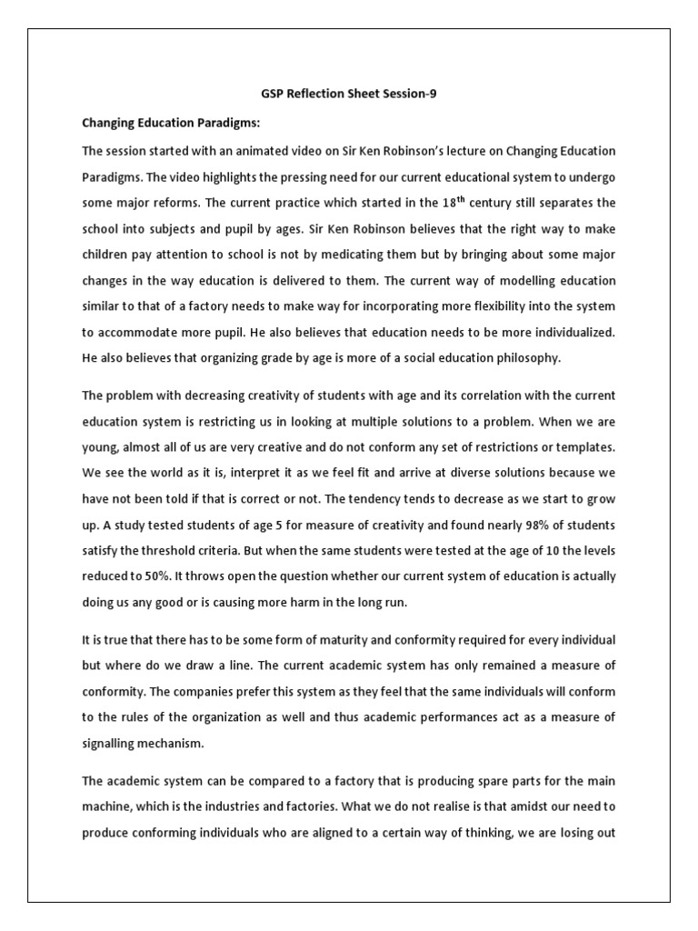 GSP Reflection Sheet Session-9 Changing Education Paradigms | PDF ...