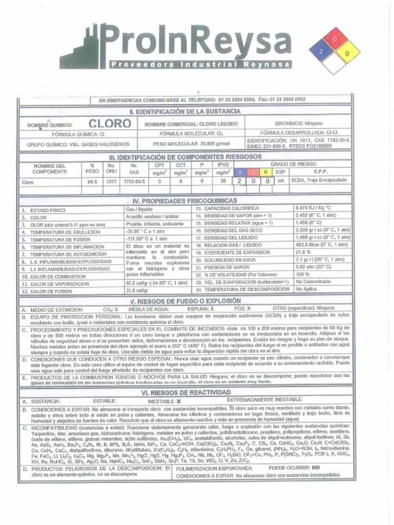 Ficha Tecnica de Cloro | PDF