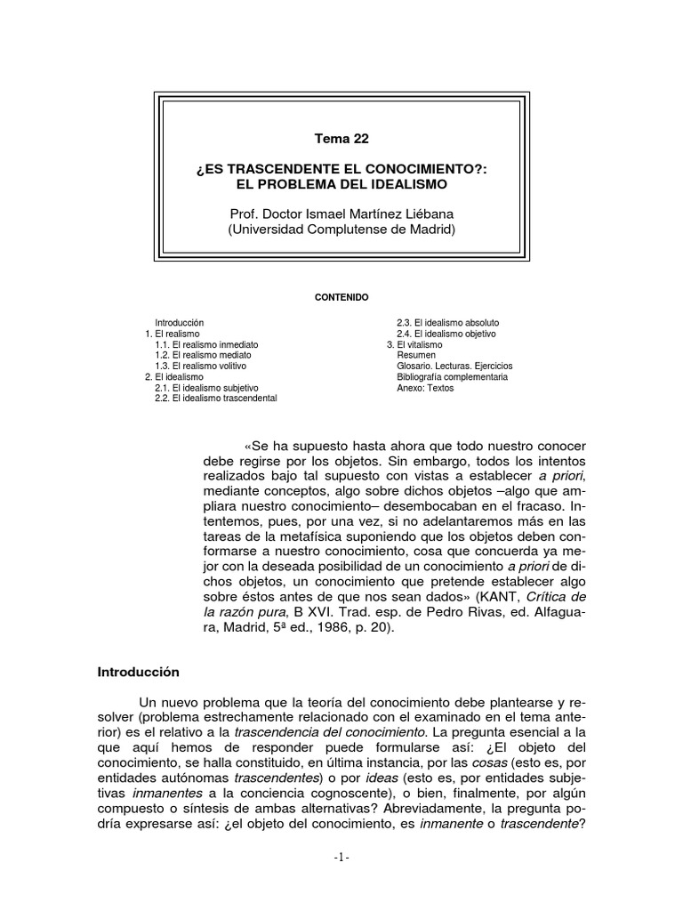 TEMA 22 - Problema Del Idealismo | PDF | Realismo filosófico | Realidad