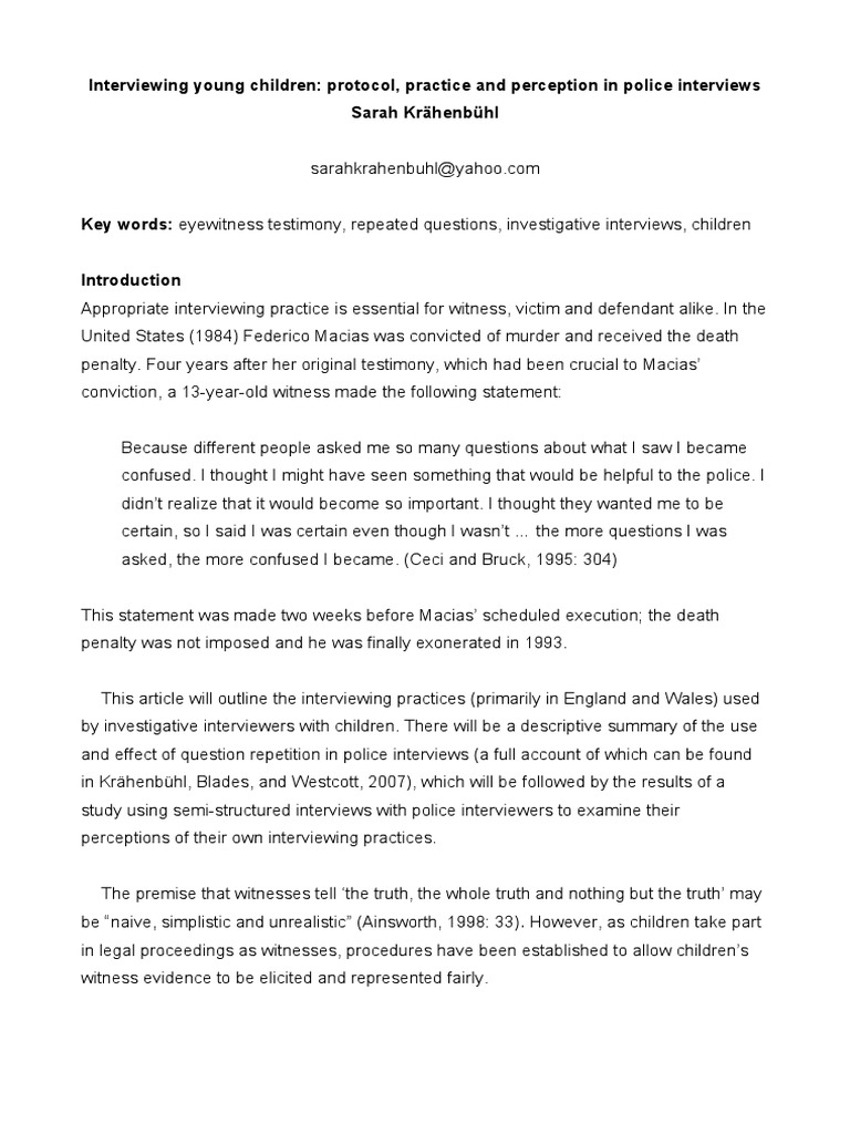 Interviewing Young Children: Protocol, Practice and Perception in ...