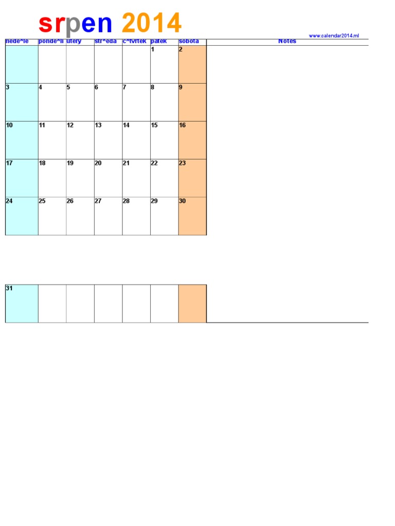 August 2014 Calendar Template | PDF