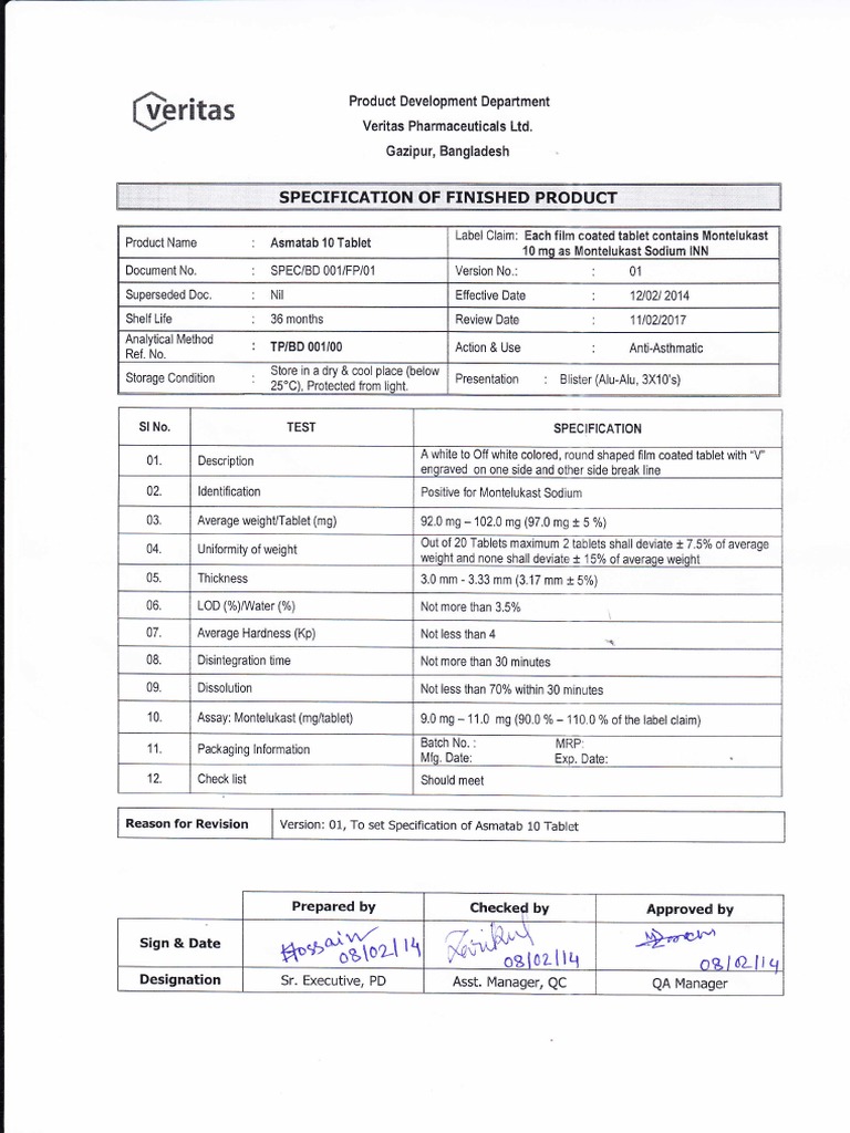 Finished Product Spec | PDF | Tablet (Pharmacy) | Pharmaceutical Sciences