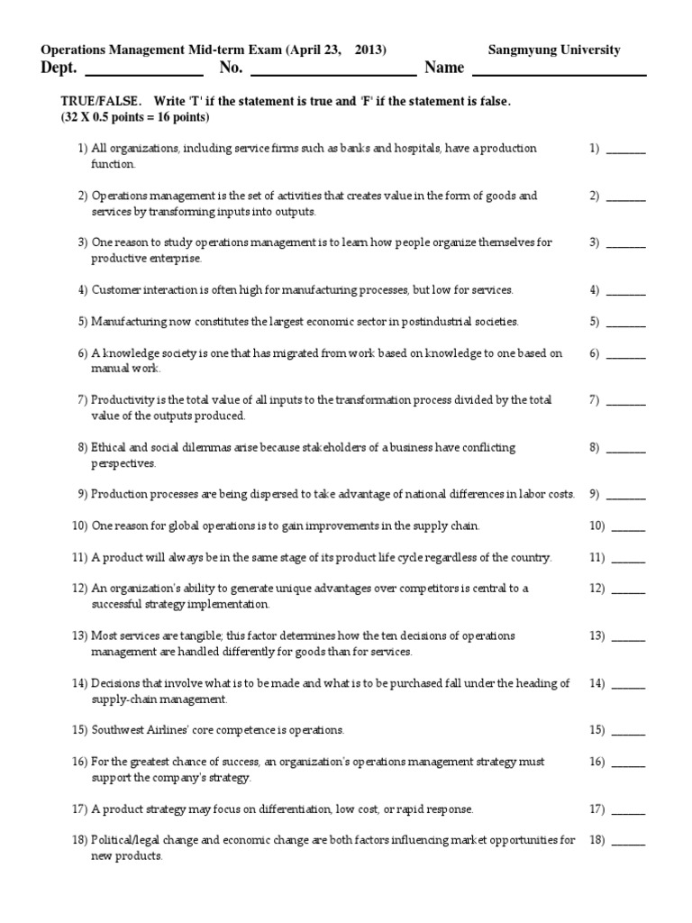 Operations Management Mid-Term Exam | PDF | Operations Management ...