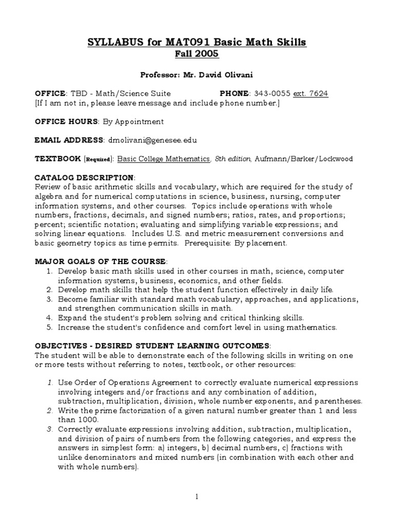Basic Math Skills Syllabus | PDF | Fraction (Mathematics) | Integer