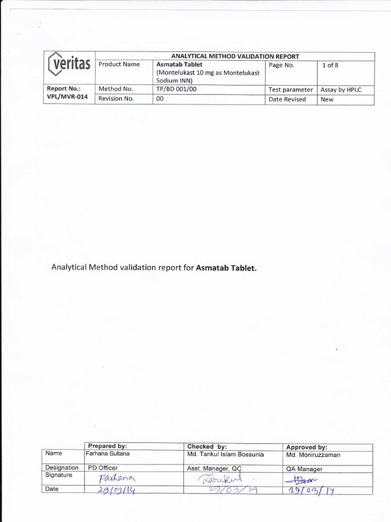 Analytical Method Validation Report for Asmatab Tablet Assay | PDF ...