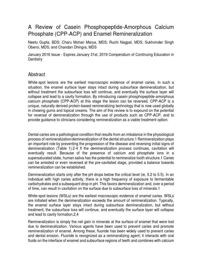 A Review of Casein Phosphopeptide-Amorphous Calcium Phosphate (CPP-ACP) and Enamel ...