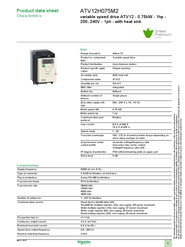 Schneider Electric ATV12H075M2 Datasheet | Electromagnetic ...