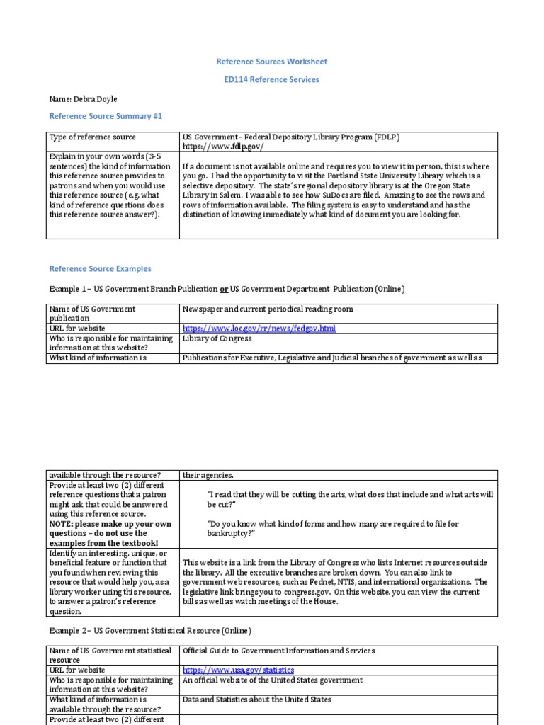 Reference Sources Worksheet ED114 Reference Services | PDF | Libraries ...