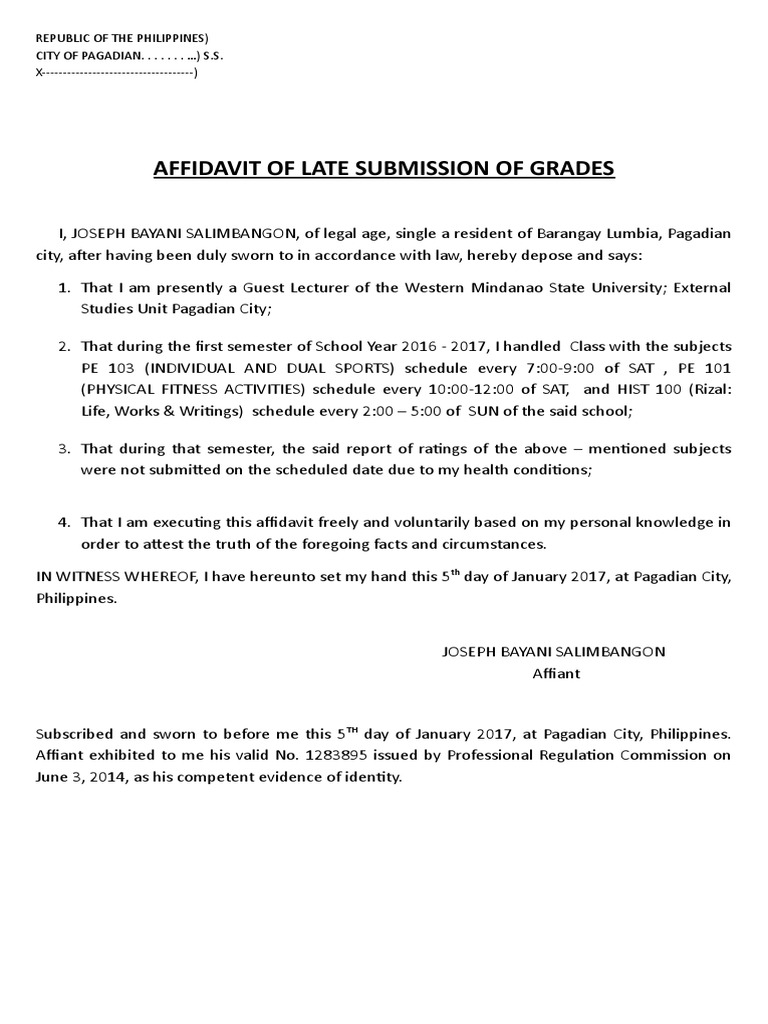 Affidavit of Late Grades