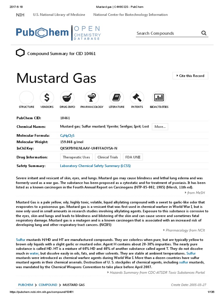 Mustard Gas - C4H8Cl2S - PubChem | PDF | Chemical Warfare | Carcinogen