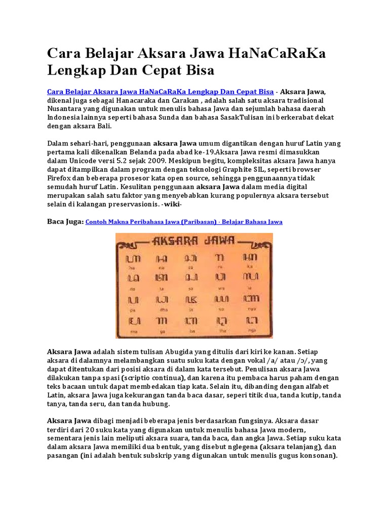 Cara Belajar Aksara Jawa HaNaCaRaKa Lengkap Dan Cepat Bisa | PDF