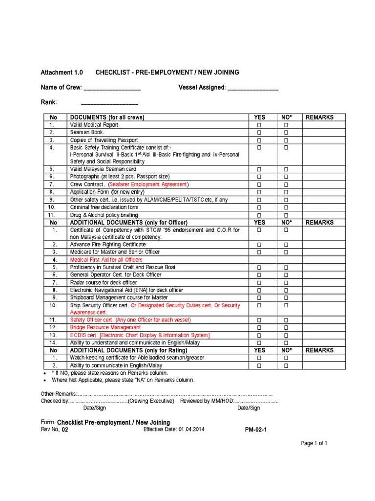 Pre Employment Joining Checklist | PDF | Water Transport | Transport