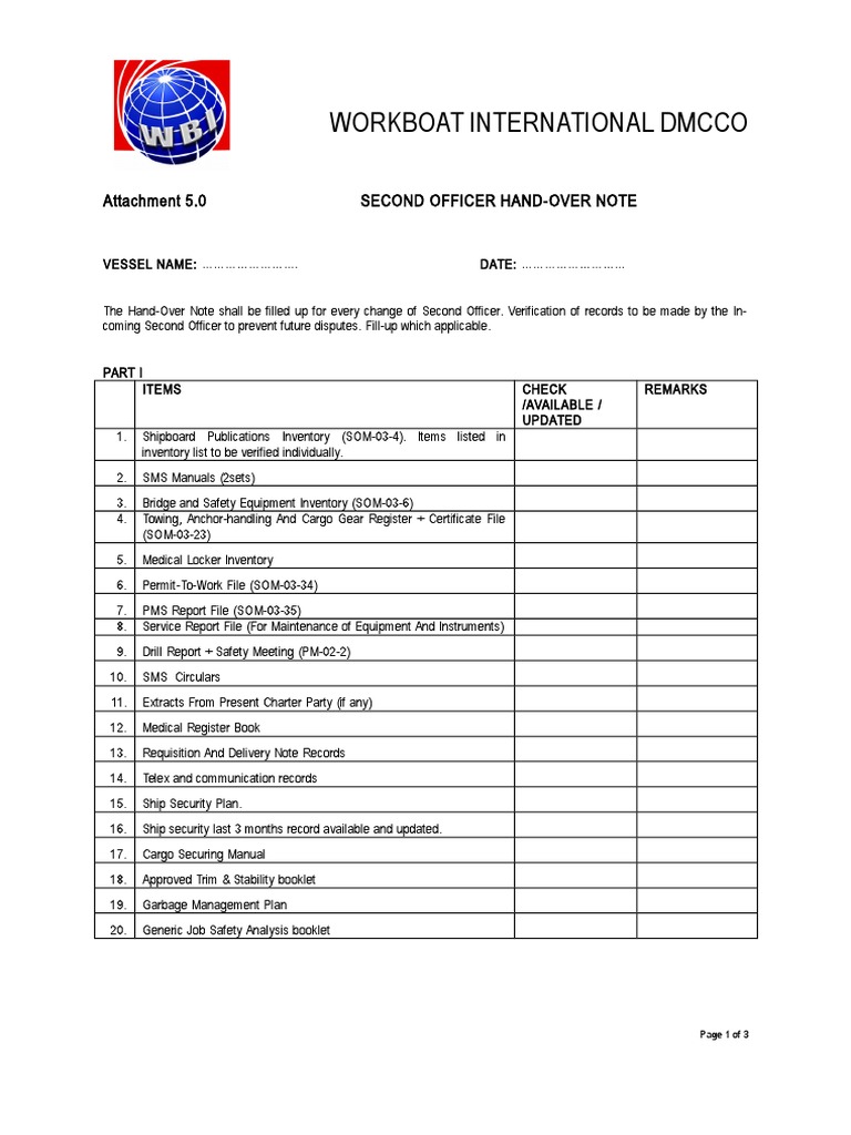 2nd Officer Hand Over Note | Water Transport | Shipping