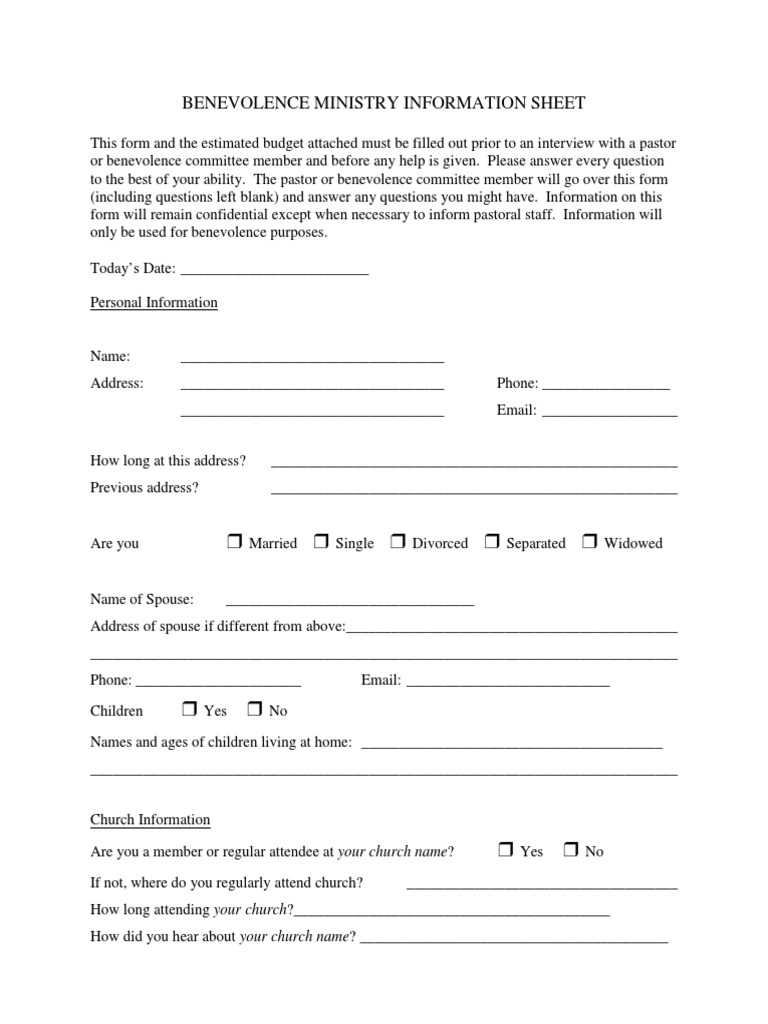 Benevolence Ministry Information Sheet | PDF | Business