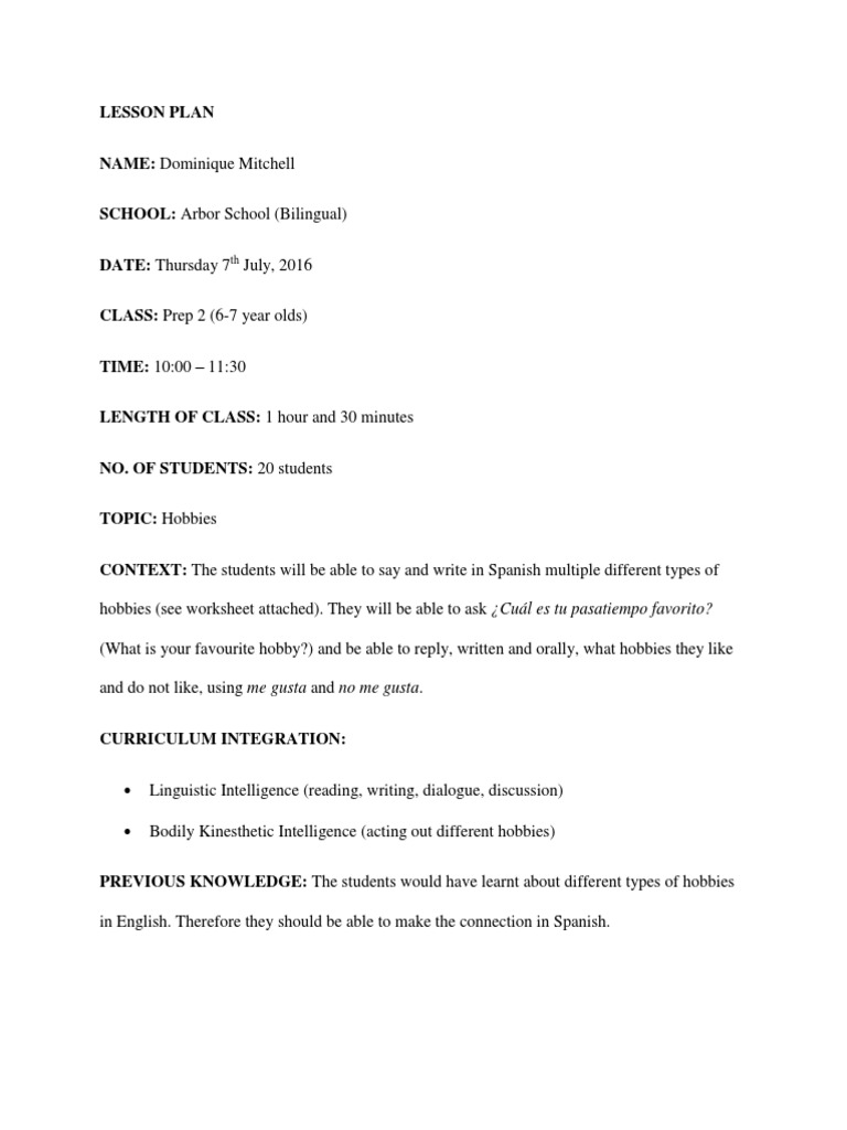 Spanish Lesson Plan Hobbies | PDF | Lesson Plan | Cognition