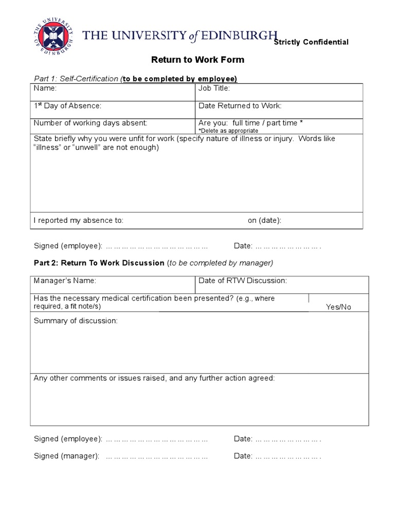 Return To Work Form: Part 1: Self-Certification (To Be Completed by ...