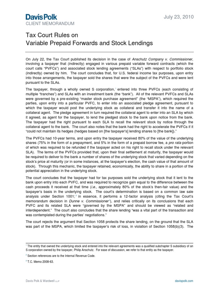 Tax Court Rules On Variable Prepaid Forwards and Stock Lendings | PDF ...
