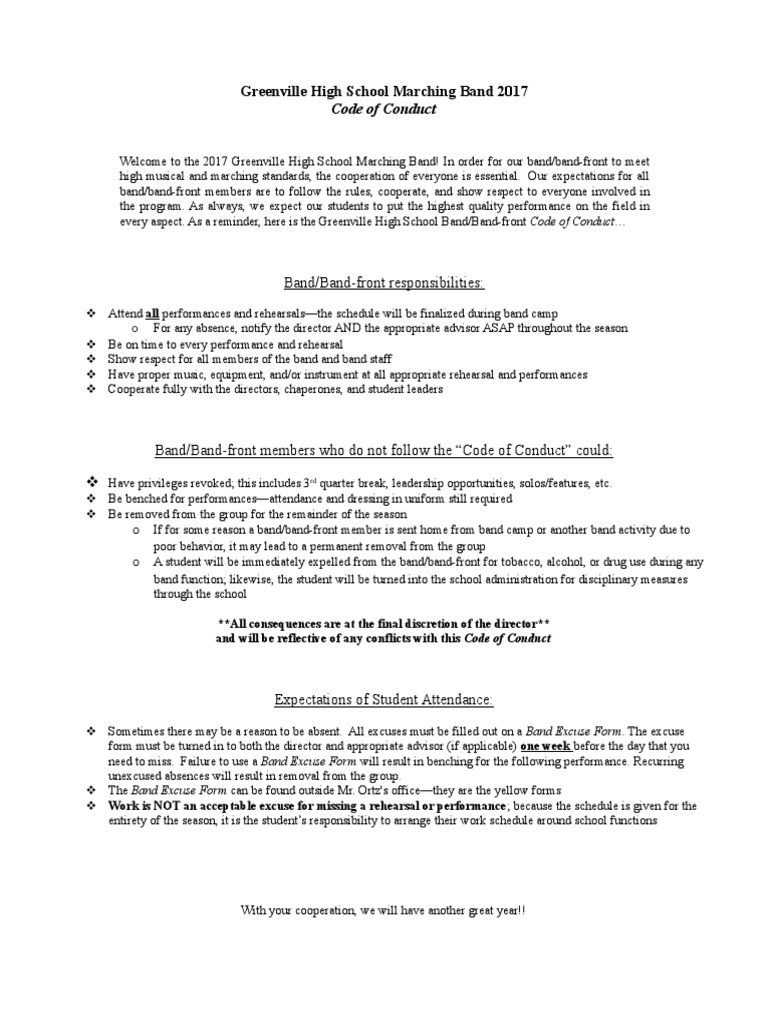 Greenville High School Band Conduct Guide | PDF