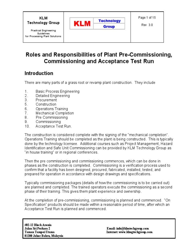 Roles and Responsibilities of Plant Commissioning Rev 3 | PDF ...