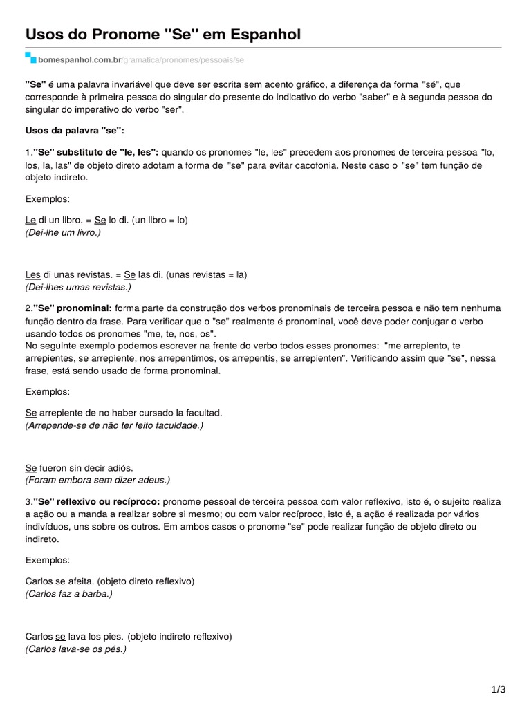 Usos do Pronome "Se" em Espanhol | PDF | Assunto (gramática) | Pronome