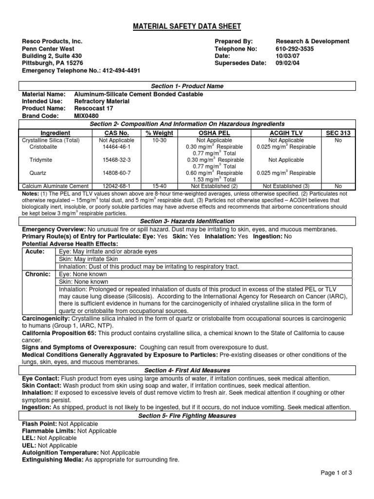 Rescocast 17 MSDS | Personal Protective Equipment | Silicon Dioxide