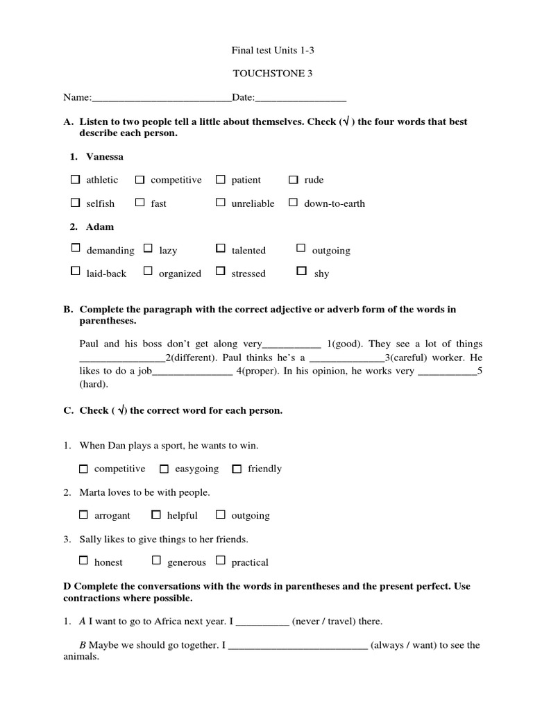 Final Test Units 1-2-3 TOUCHSTONE 3 | Leisure