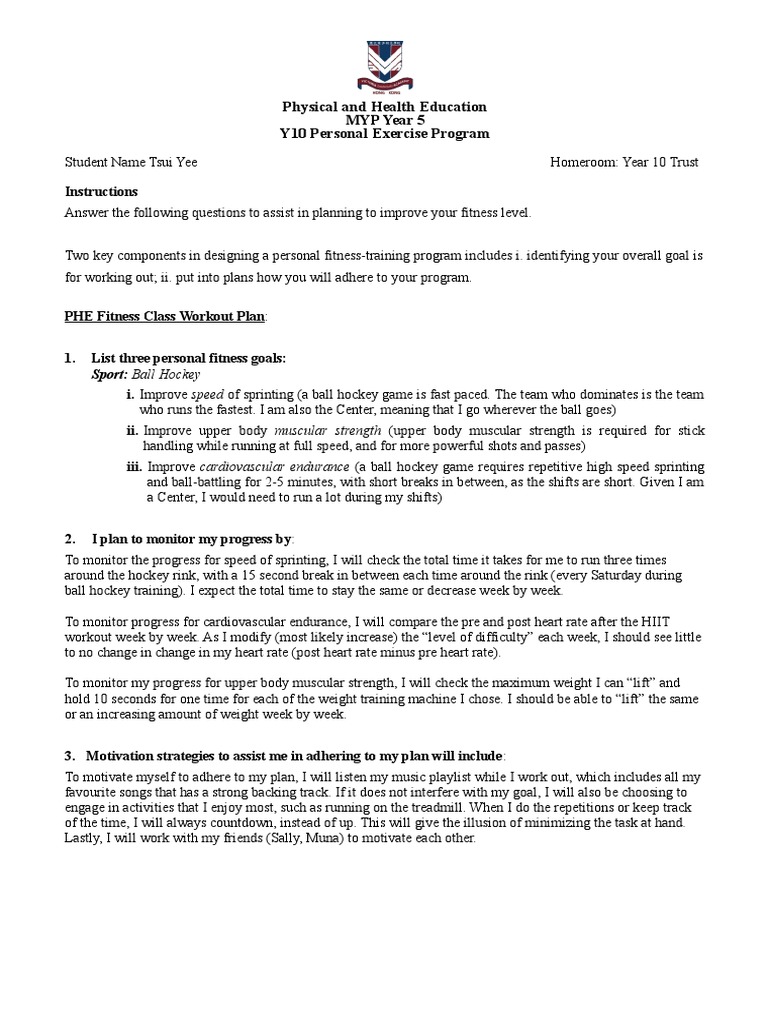 Physical and Health Education MYP Year 5 Y10 Personal Exercise Program ...