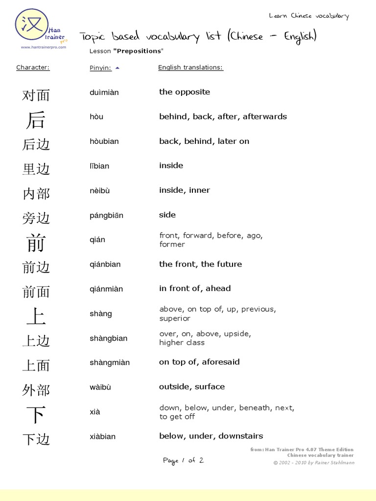 Chinese Vocabulary Prepositions | PDF | Languages Of Macau | Languages ...