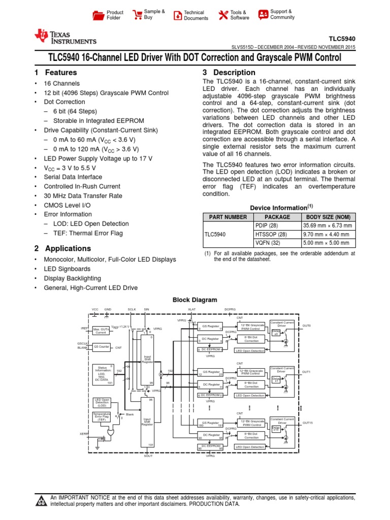 TLC5940 16-Channel LED Driver With DOT Correction and Grayscale PWM ...