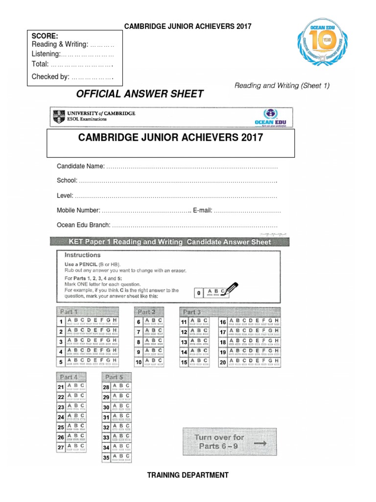 Official Answer Sheet: Cambridge Junior Achievers 2017 | PDF