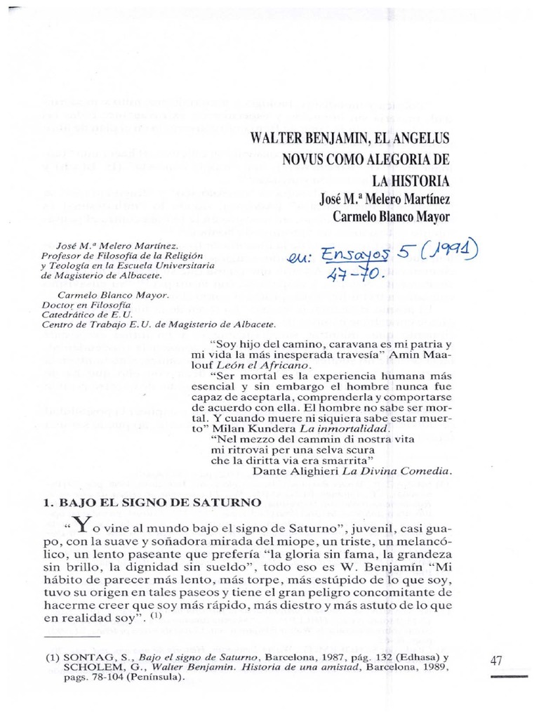 Walter Benjamín, El Angelus Novus Como Alegoria de La Historia-Jose ...
