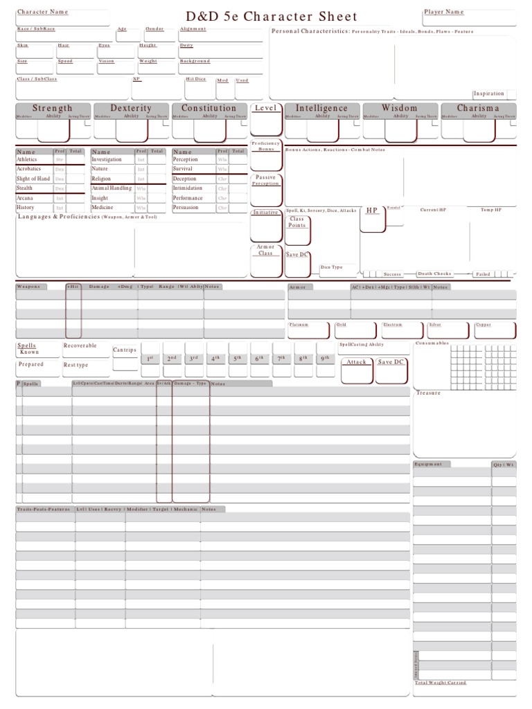W 5E D&D Character Sheet 1pg v8.6 (Form) | PDF | Dungeons & Dragons | Role Playing Games