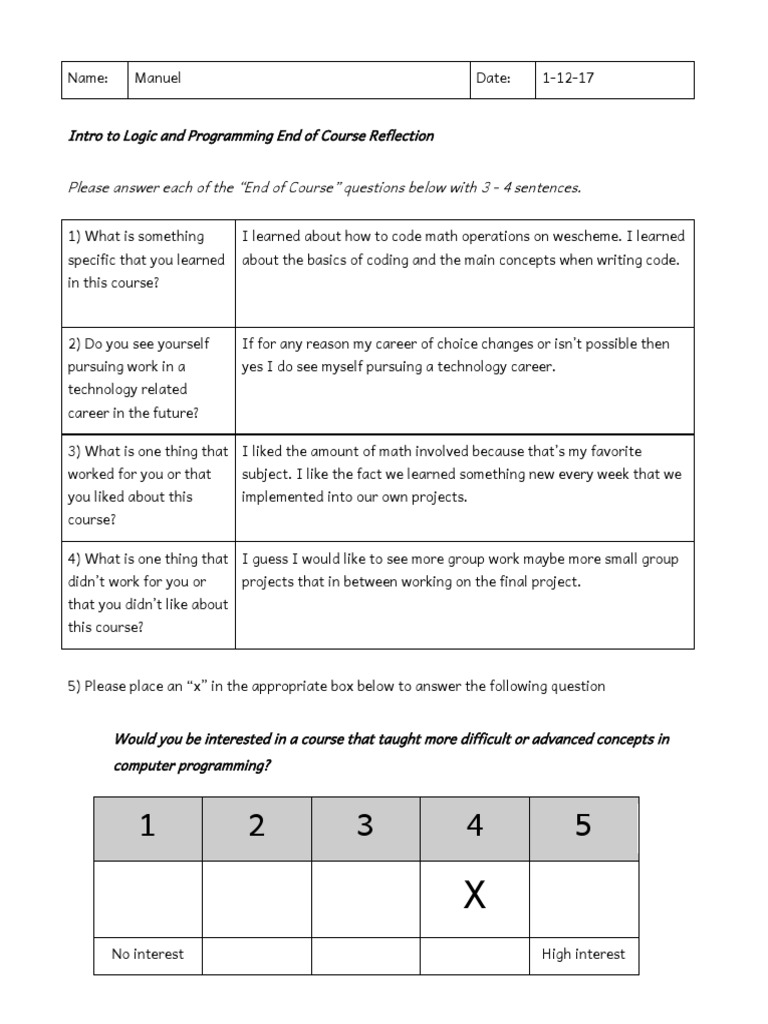 Intro To Logic and Programming End of Course Reflection Please Answer ...