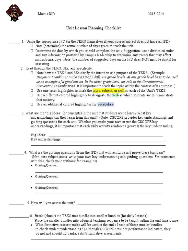 Unit Lesson Plan Checklist | PDF | Lesson Plan | Pedagogy