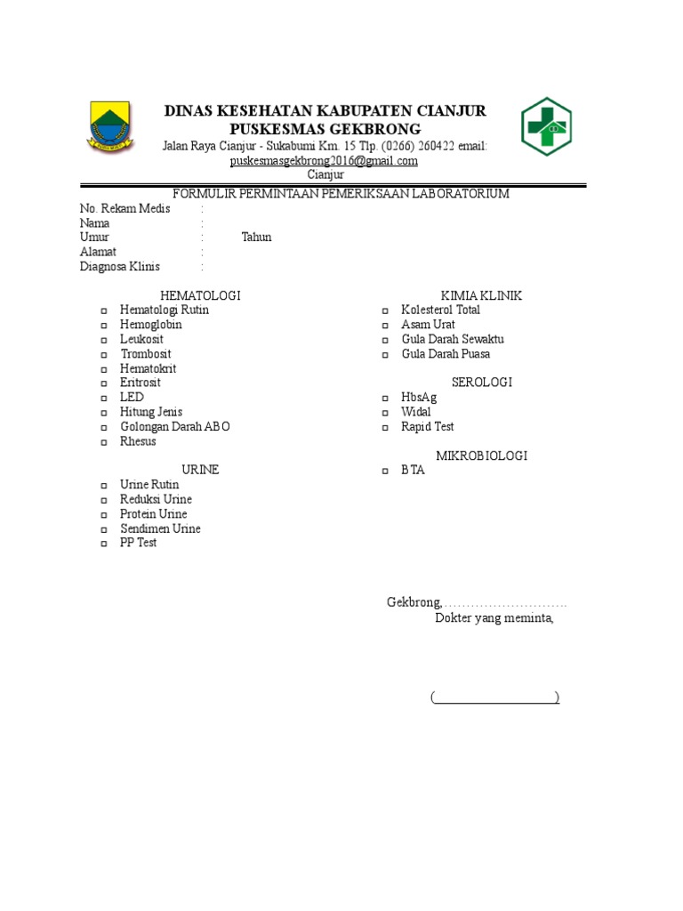 Formulir Permintaan Lab Puskesmas Gekbrong | PDF