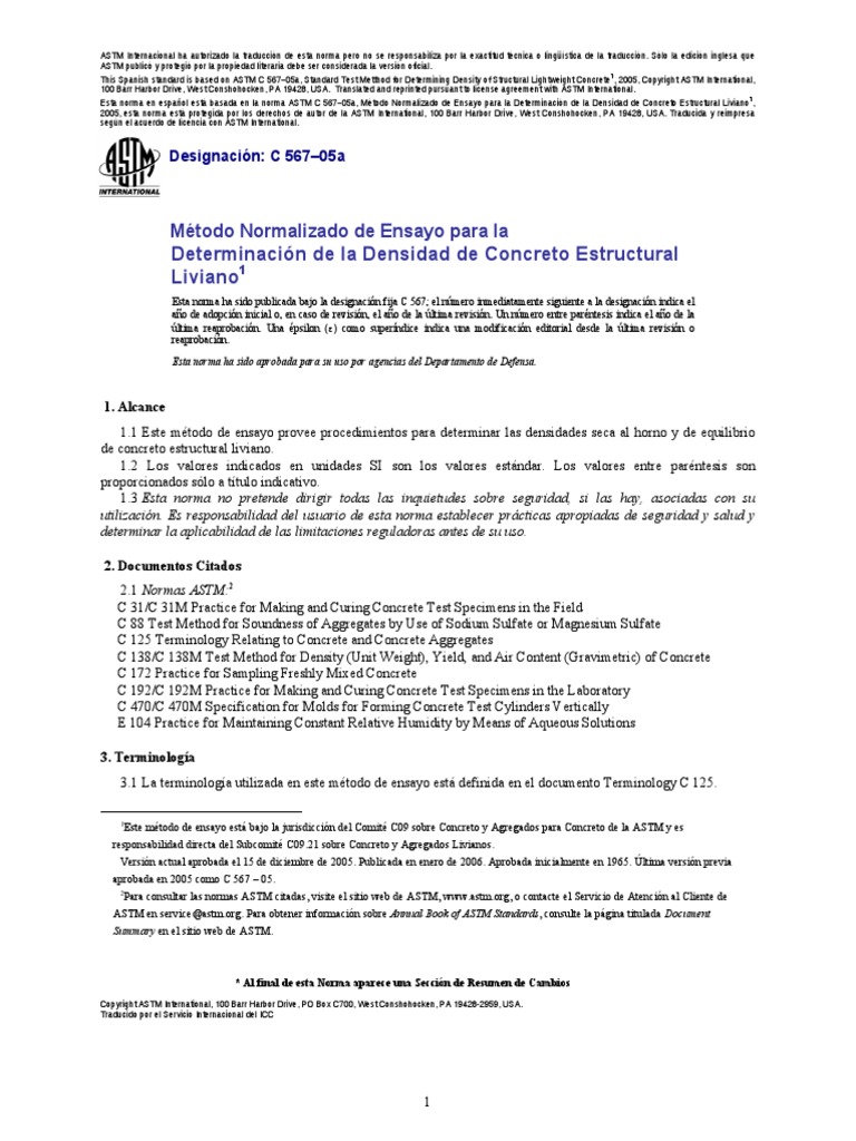 C567-05a Determinación de Densidad de Concreto Estructural Liviano ...